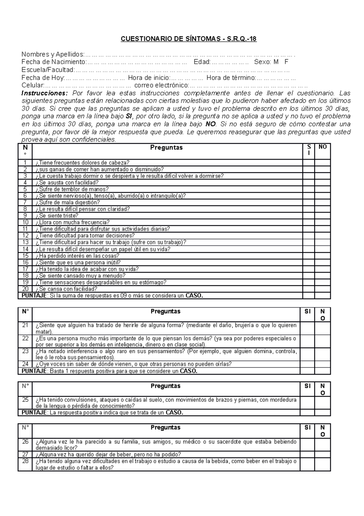 Cuestionario DE Sintomas SRQ 18 2020 - CUESTIONARIO DE SÍNTOMAS - S.R.- Nombres y - Studocu