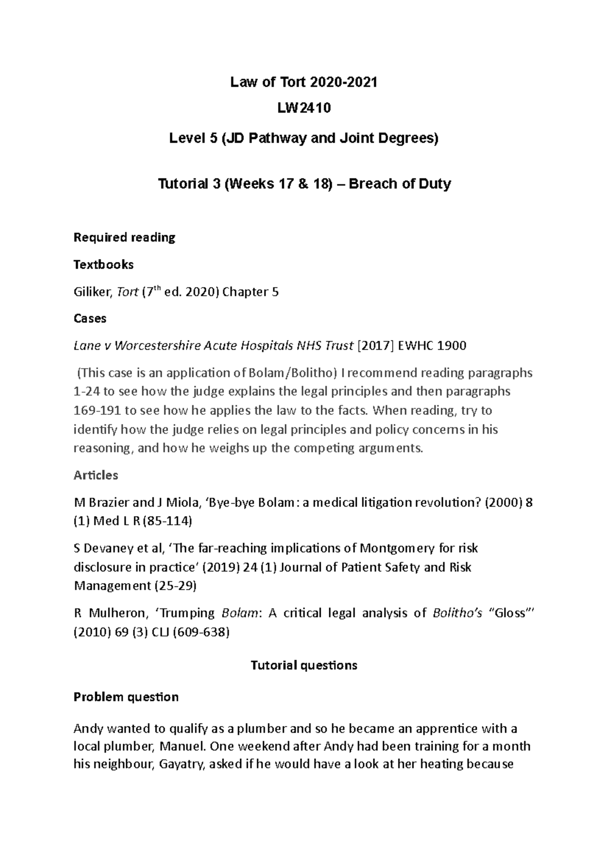TORT - Tutorial 3 2020 Level 5 - Law of Tort 2020- LW Level 5 (JD ...
