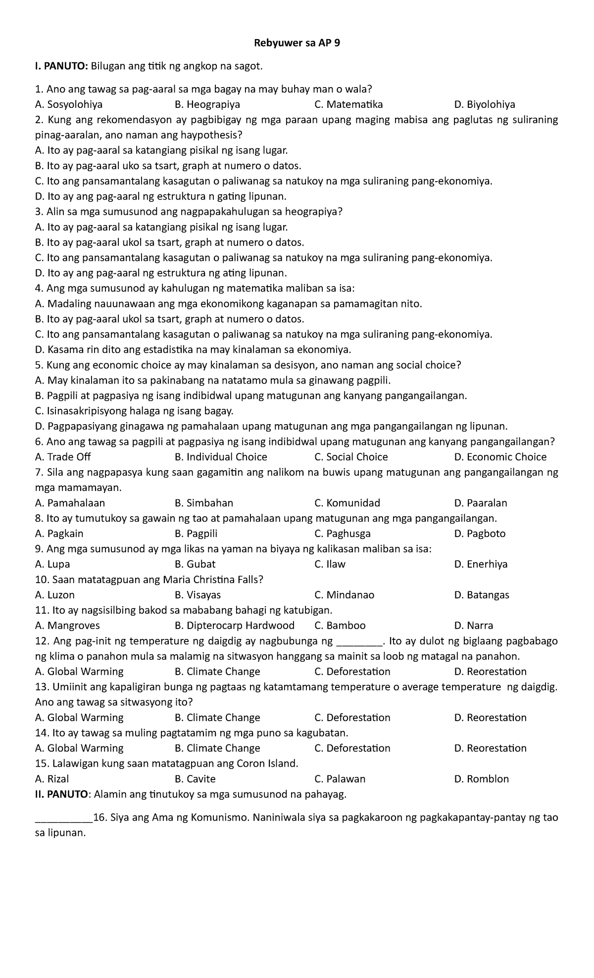 Rebyuwer sa AP 9 - Pagsasanay sa mga gawain sa Filipino 6-7. - Rebyuwer ...