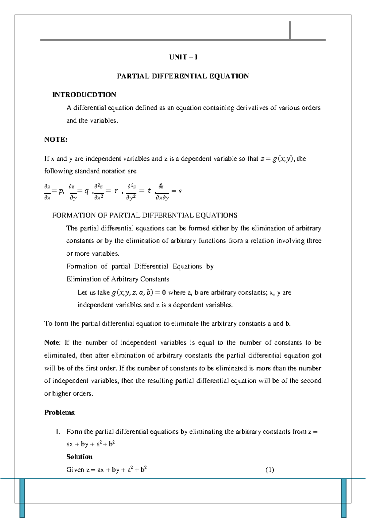 Unit I - Partial Differential Equations - UNIT – I PARTIAL DIFFERENTIAL EQUATION INTRODUCDTION A ...