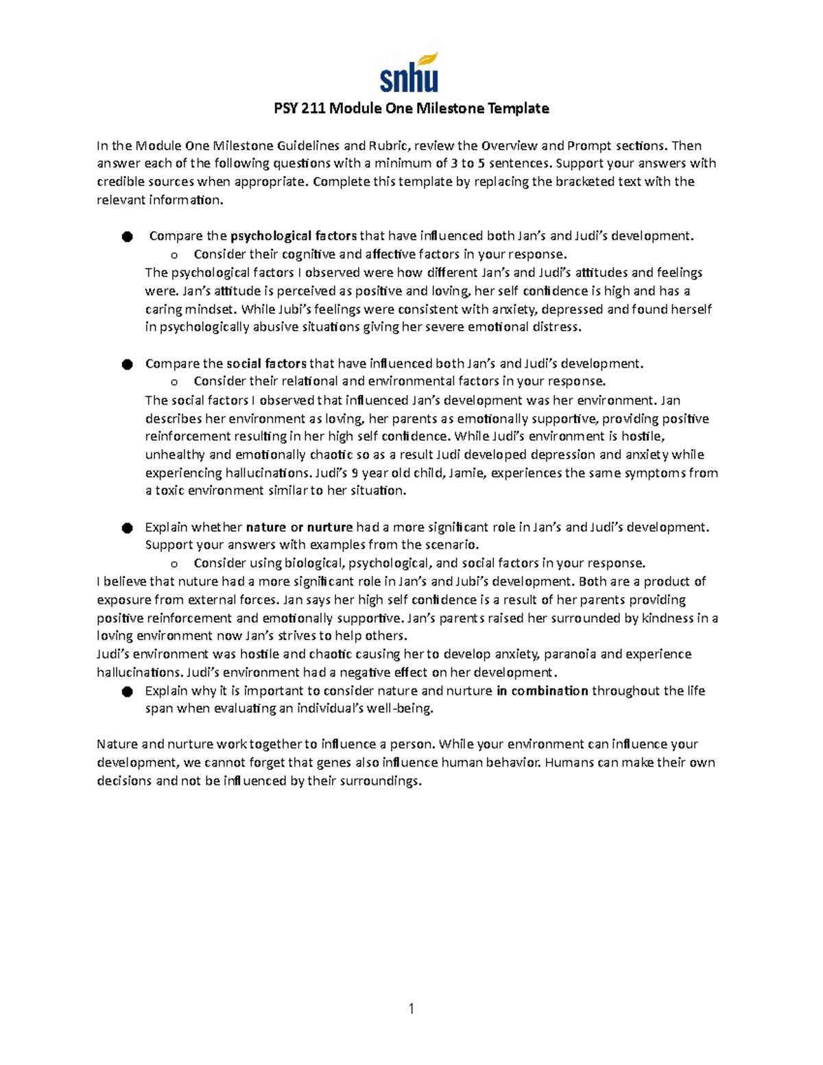 PSY 211 Module One Milestone Template - Then answer each of the ...