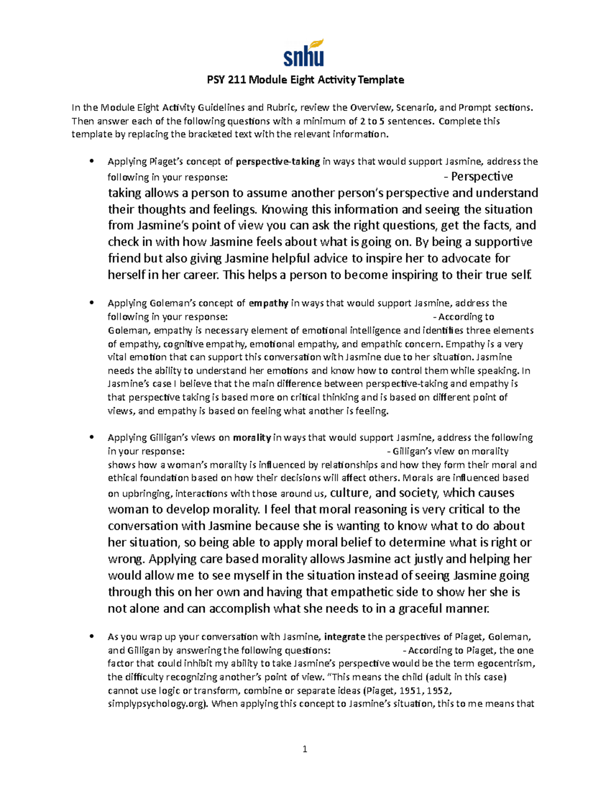 PSY 211 Module Eight Activity Template - Then answer each of the ...