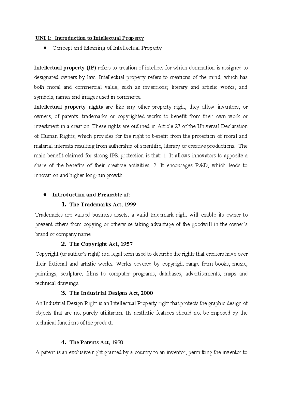 IPR Notes SEM VIII - Summary BBA LLB (Hons.) - UNI 1: Introduction to ...