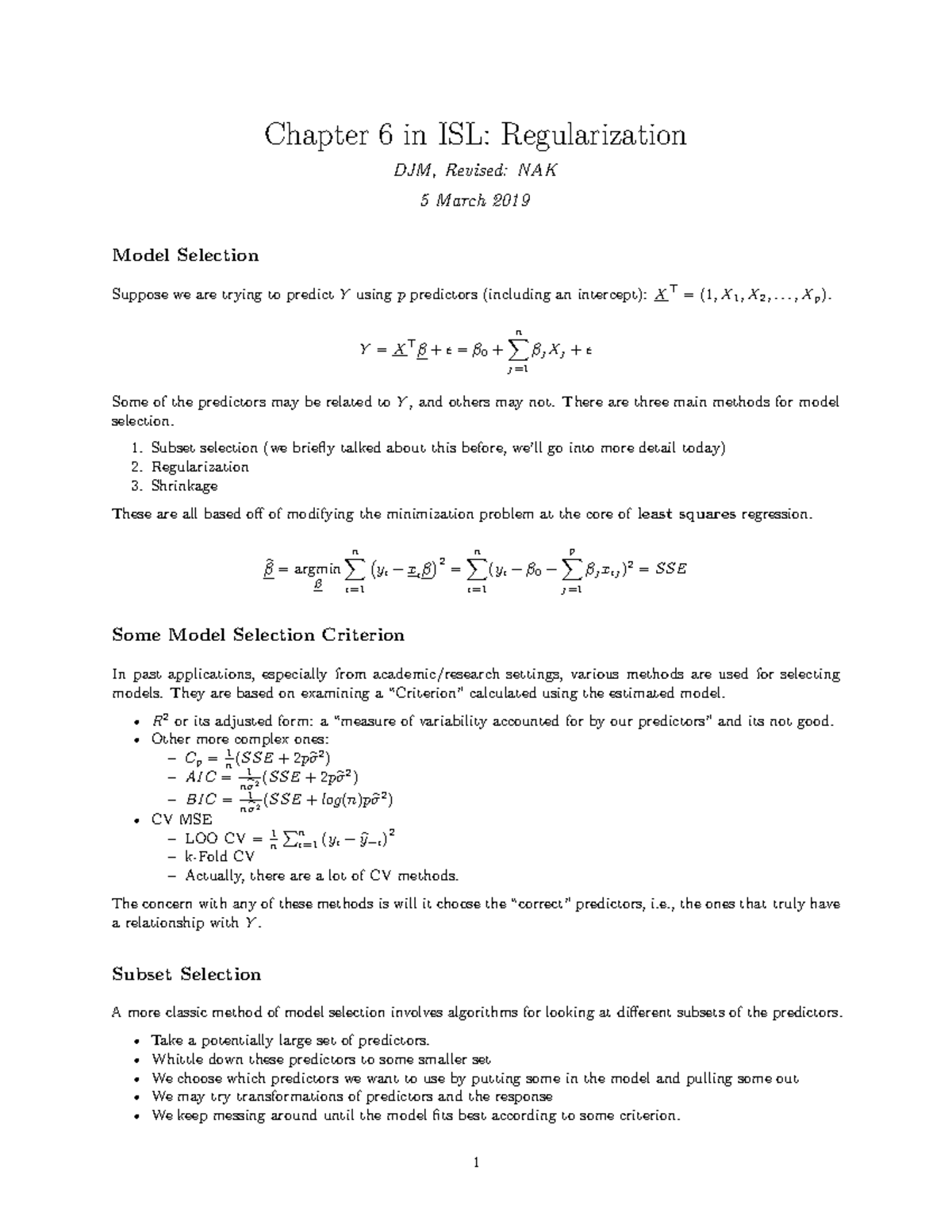 Lec10 Lecture Notes On Stats Modeling Chapter 6 In Isl Regularization Djm Revised Nak 5