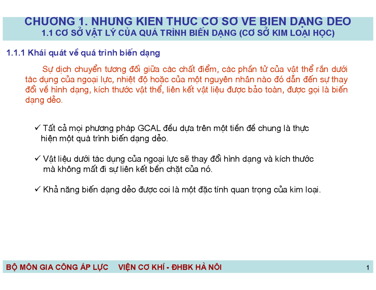 BKHN Chuong 1 - Co So Bien Dang Deo - 1 Kh∏i qu∏t v“ qu∏ tr nh bi’n dπng S ̆ dfich chuy”n t− ̈ng ...