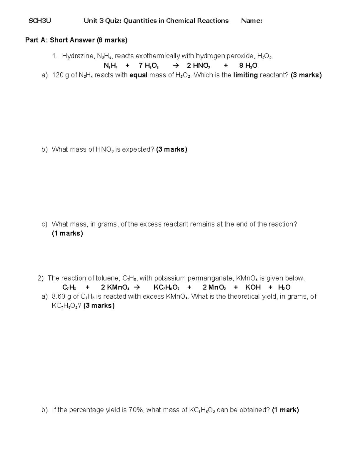 practice quetions - 2023 - SCH3U Unit 3 Quiz: Quantities in Chemical ...