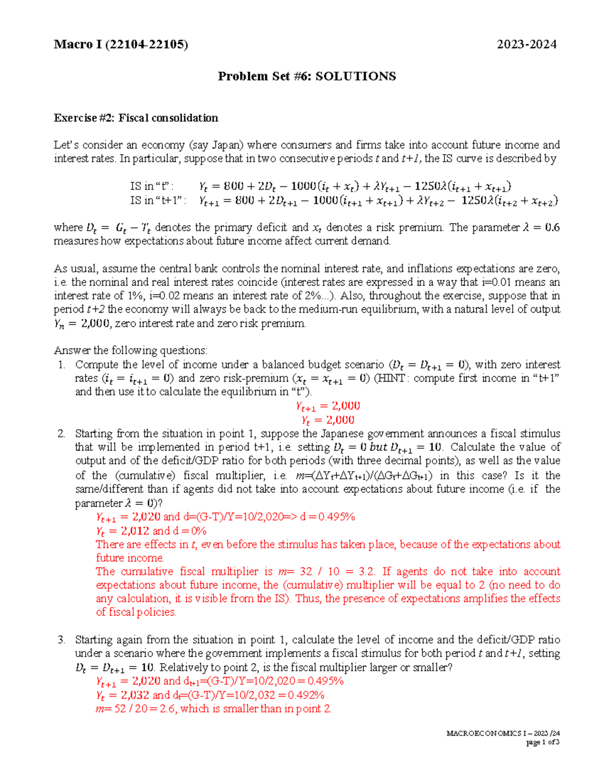 Problem Set 6 Solutions - MACROECONOMICS I – 2023 / 24 page 1 of 3 Macro I (22104- 22105 ) 2023 ...