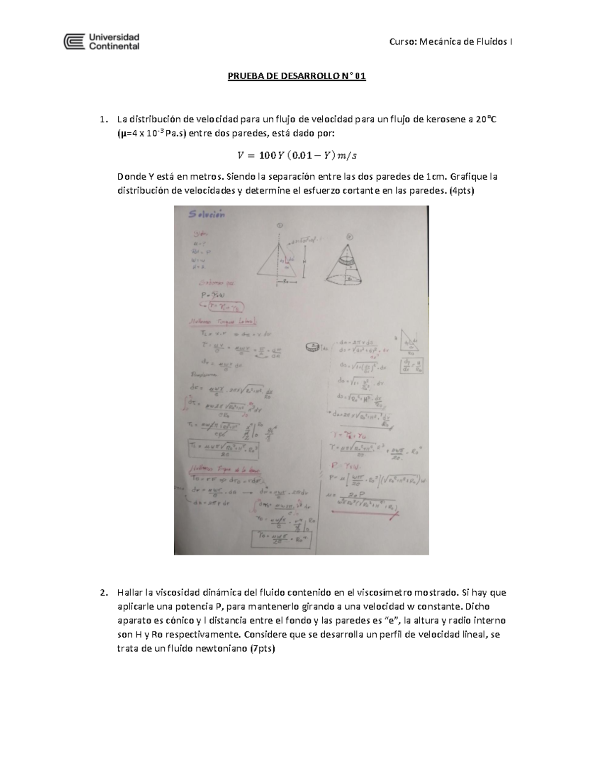 Prueba DE Desarrollo N 01 - Curso: Mec·nica de Fluidos I PRUEBA DE ...