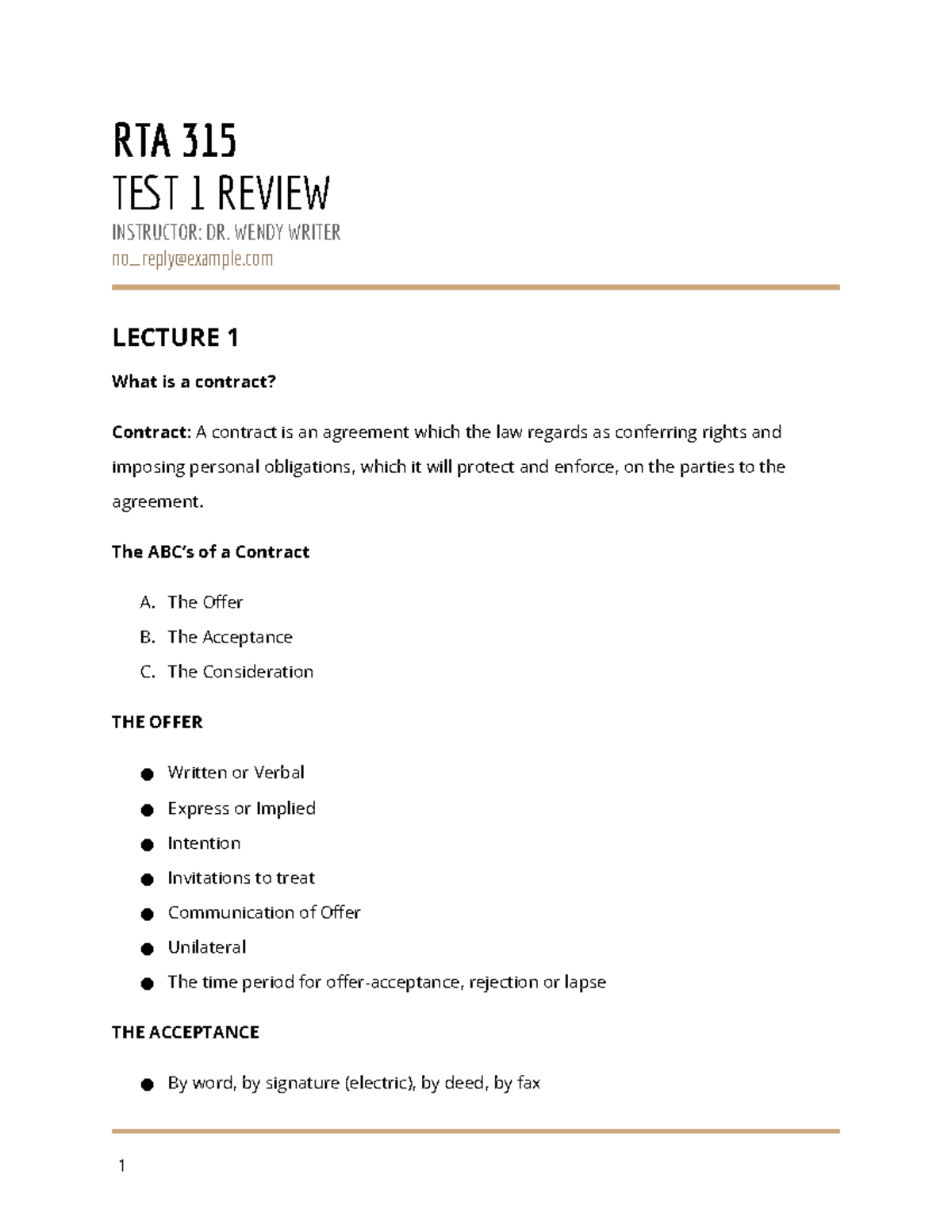 RTA 315 Class Notes - RTA 315 TEST 1 REVIEW INSTRUCTOR: DR. WENDY ...