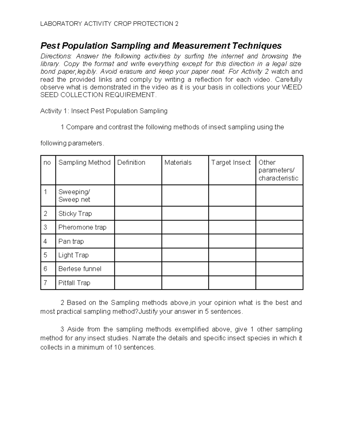 Pest Population Sampling and Measurement Techniques - LABORATORY ACTIVITY CROP PROTECTION 2 Pest ...