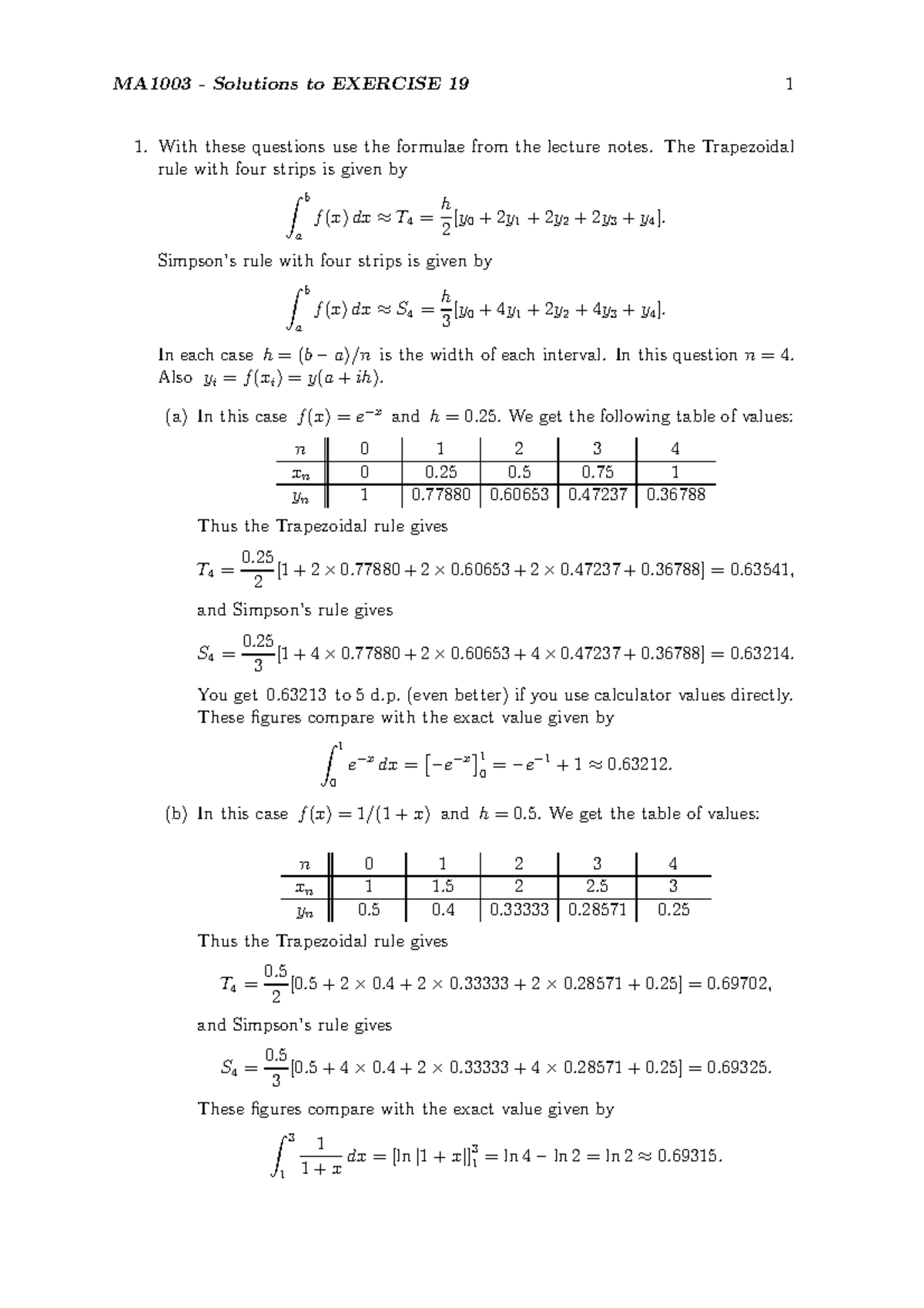 Exercise 19 Solutions - MA1003 - Solutions to EXERCISE 19 1 With these ...