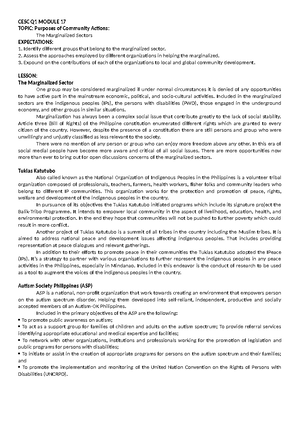 CESC Q1 Module 14 - Summary - CESCQ1 MODULE 14 TOPIC: Community Action Modalities: 1. Community ...