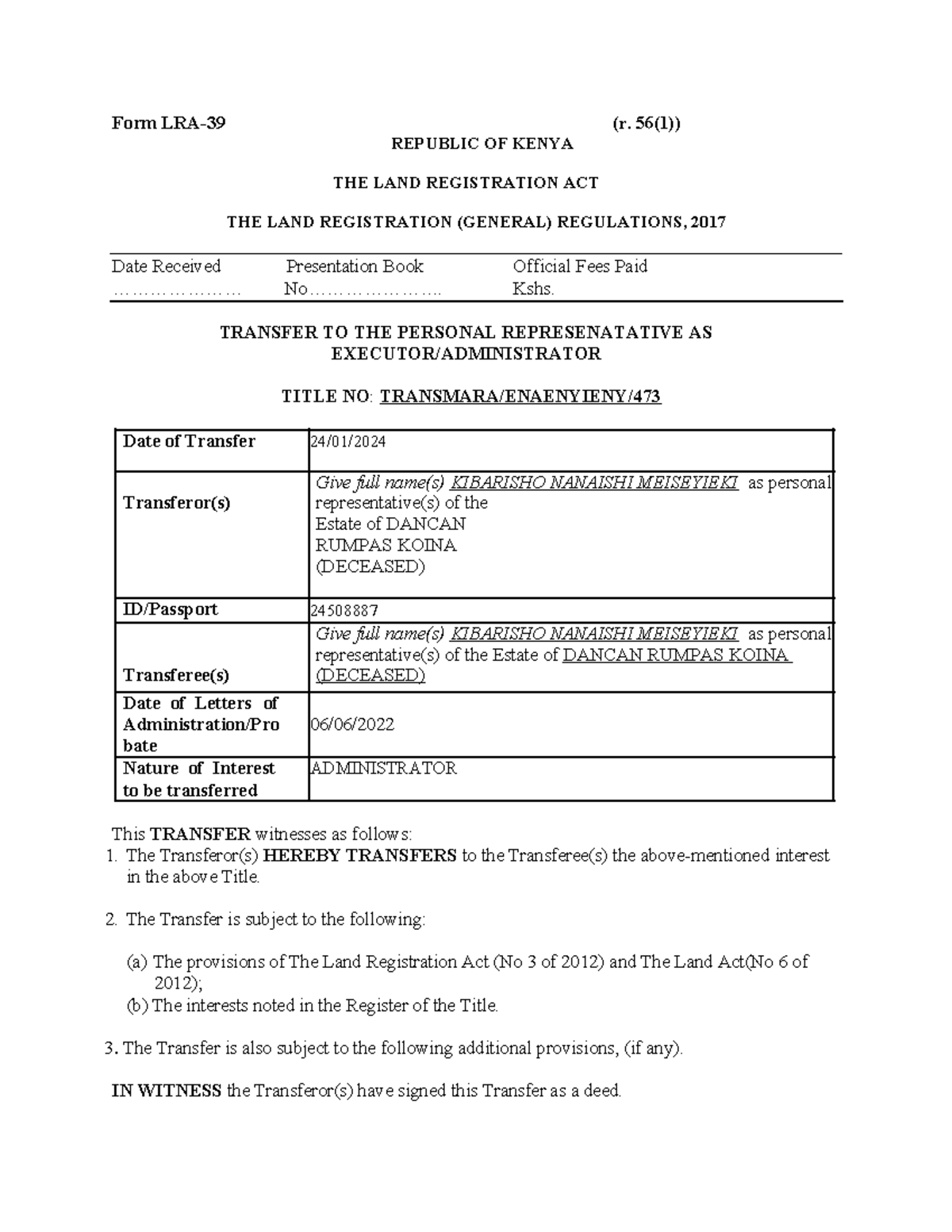 Form LRA 39 Transfer TO THE Personal Represenatative AS Executor ...