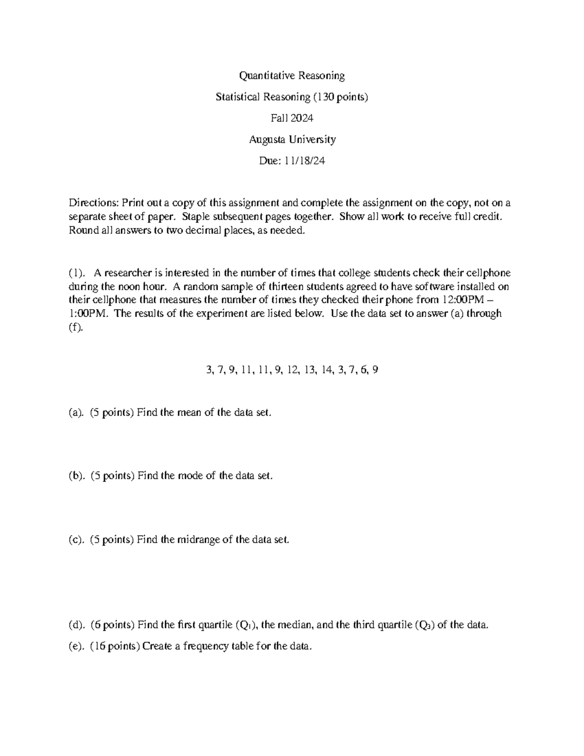 Homework QR Stats 1 - stat - Quantitative Reasoning Statistical ...
