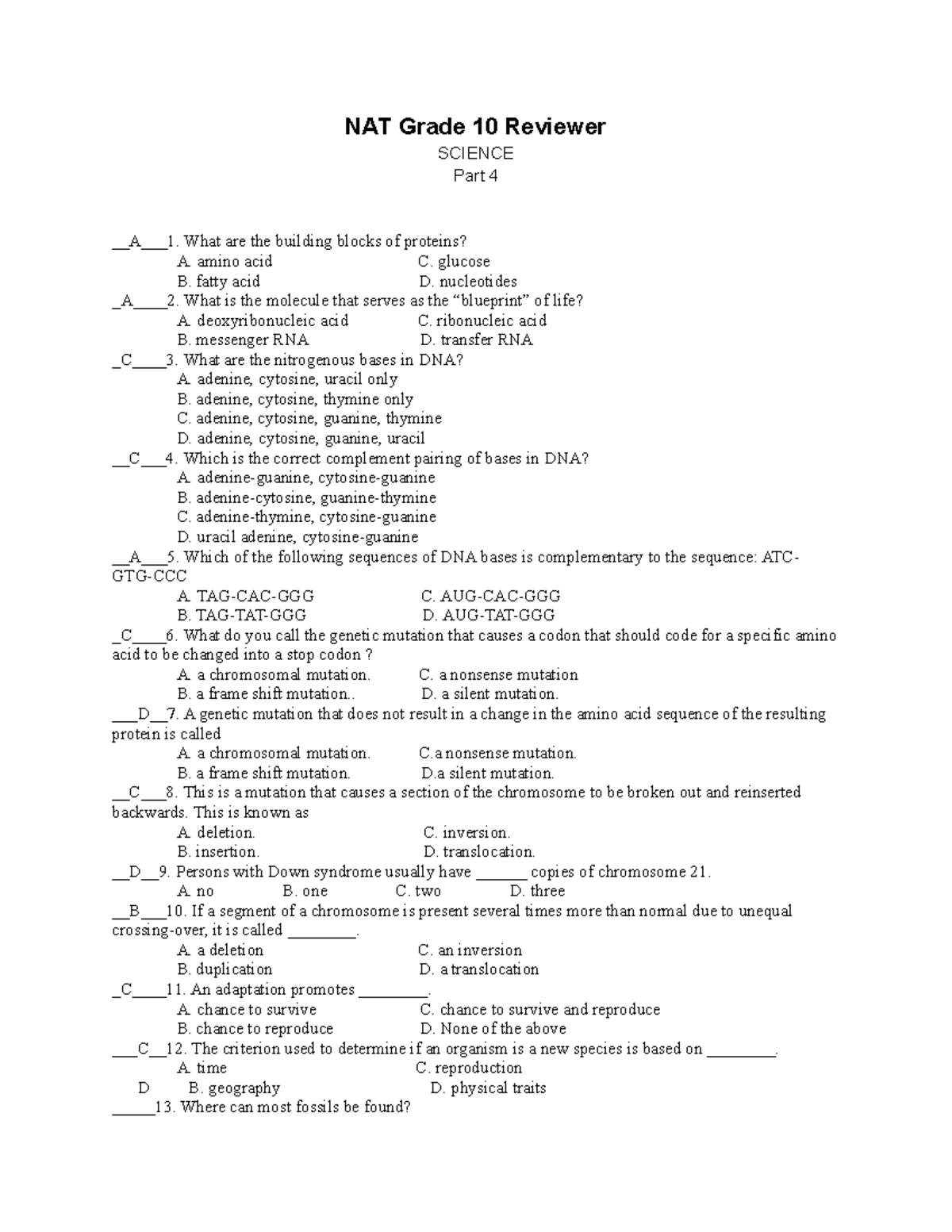 NAT Grade 10 Reviewer ( Science) Part 4 - NAT Grade 10 Reviewer SCIENCE ...