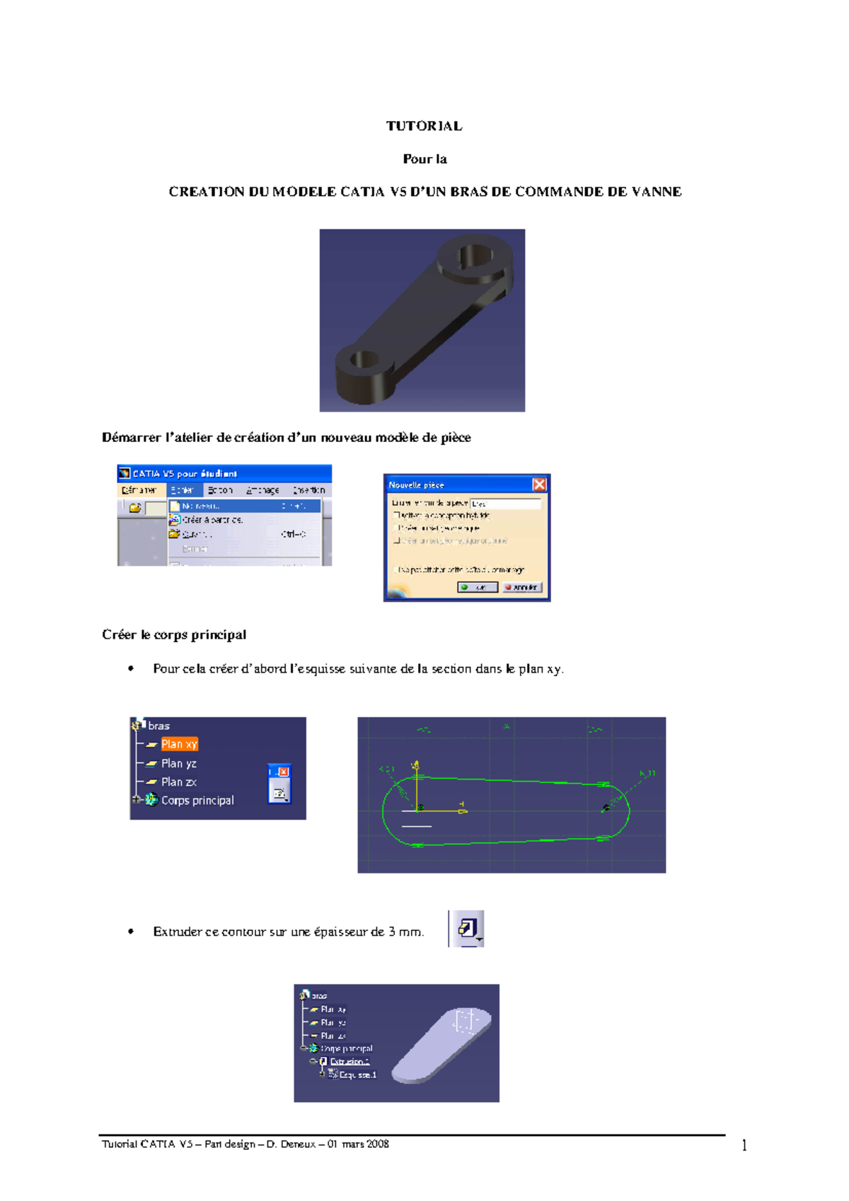 2 - tutorial bras - COURS DE MOULAGE - Tutorial CATIA V5 – Part design – D. Deneux – 01 mars ...