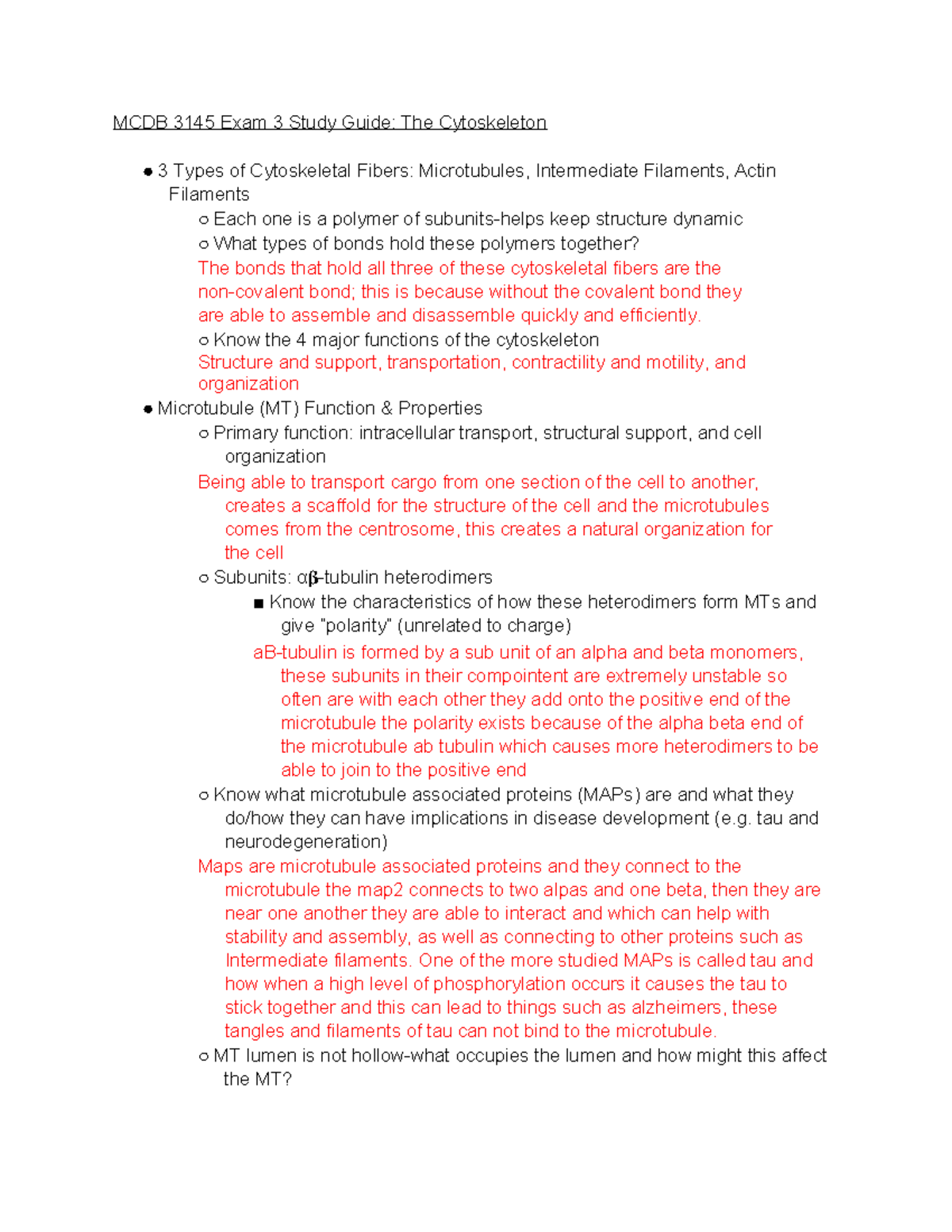 MCDB 3145 Exam 3 Study Guide - MCDB 3145 Exam 3 Study Guide: The Cytoskeleton 3 Types of - Studocu