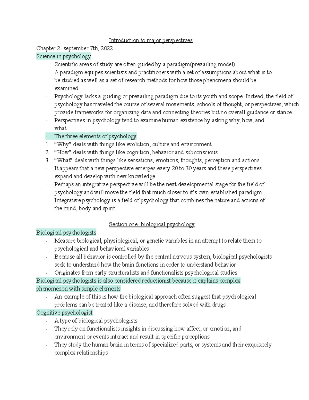 Psych 121- lecture 2 (my notes) - Introduction to major perspectives ...