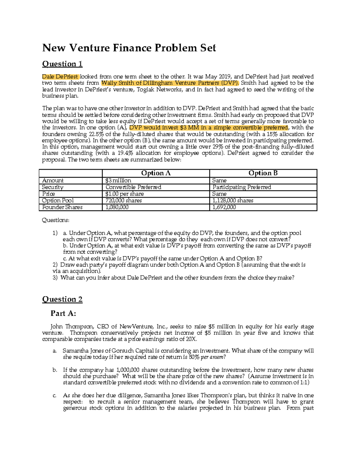 New Venture Finance Problem Set - Studocu