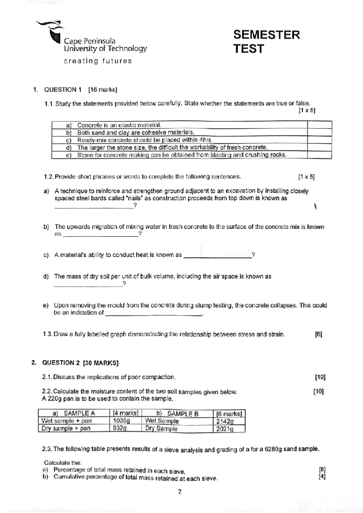 CMT Past Test Paper 1 - D3CIVL - Studocu