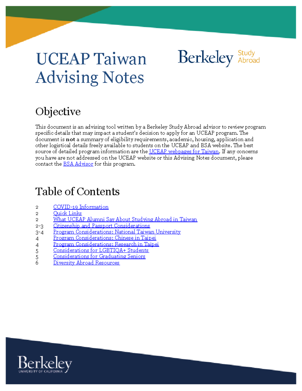 Taiwan - Lecture notes 2 - UCEAP Taiwan Advising Notes Objective This ...