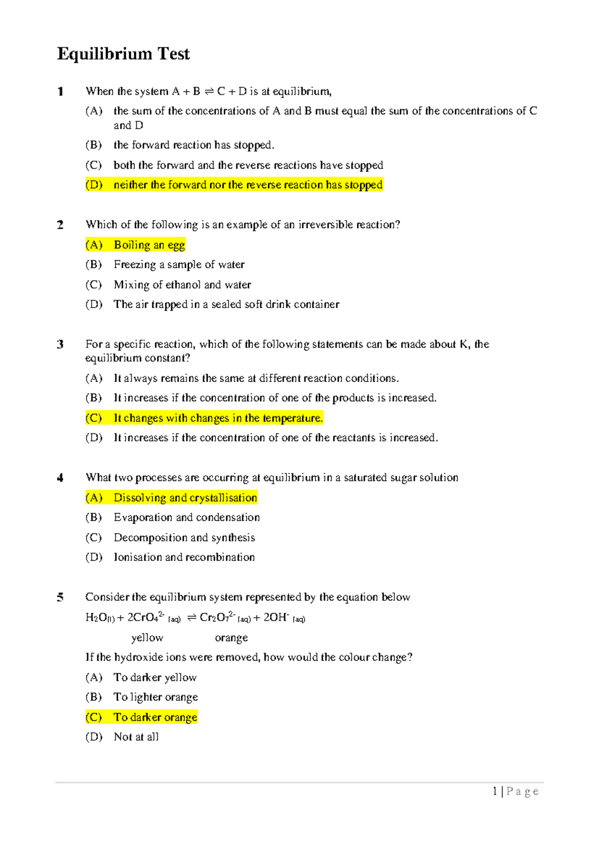 Module 5 - Topic Test Answers - Equilibrium Test When the system A + B ...