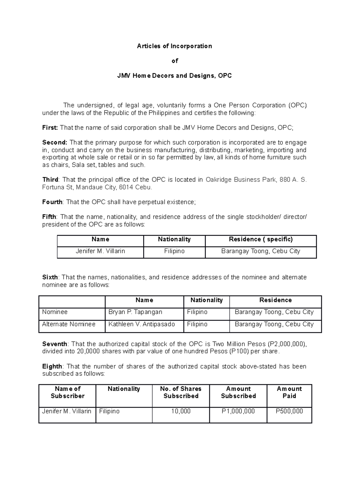 One person corporation - Personality Development - UV - Studocu