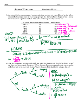 Studio 13 worksheet - STUDIO WORKSHEET:MONDAY,9/28/ Let S be a sample ...