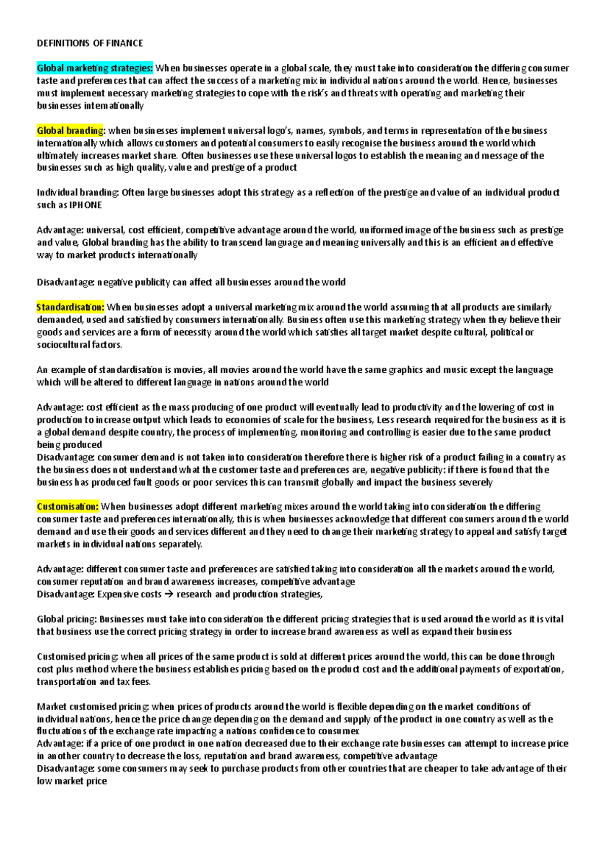 Definitions OF Finance - DEFINITIONS OF FINANCE Global marketing ...