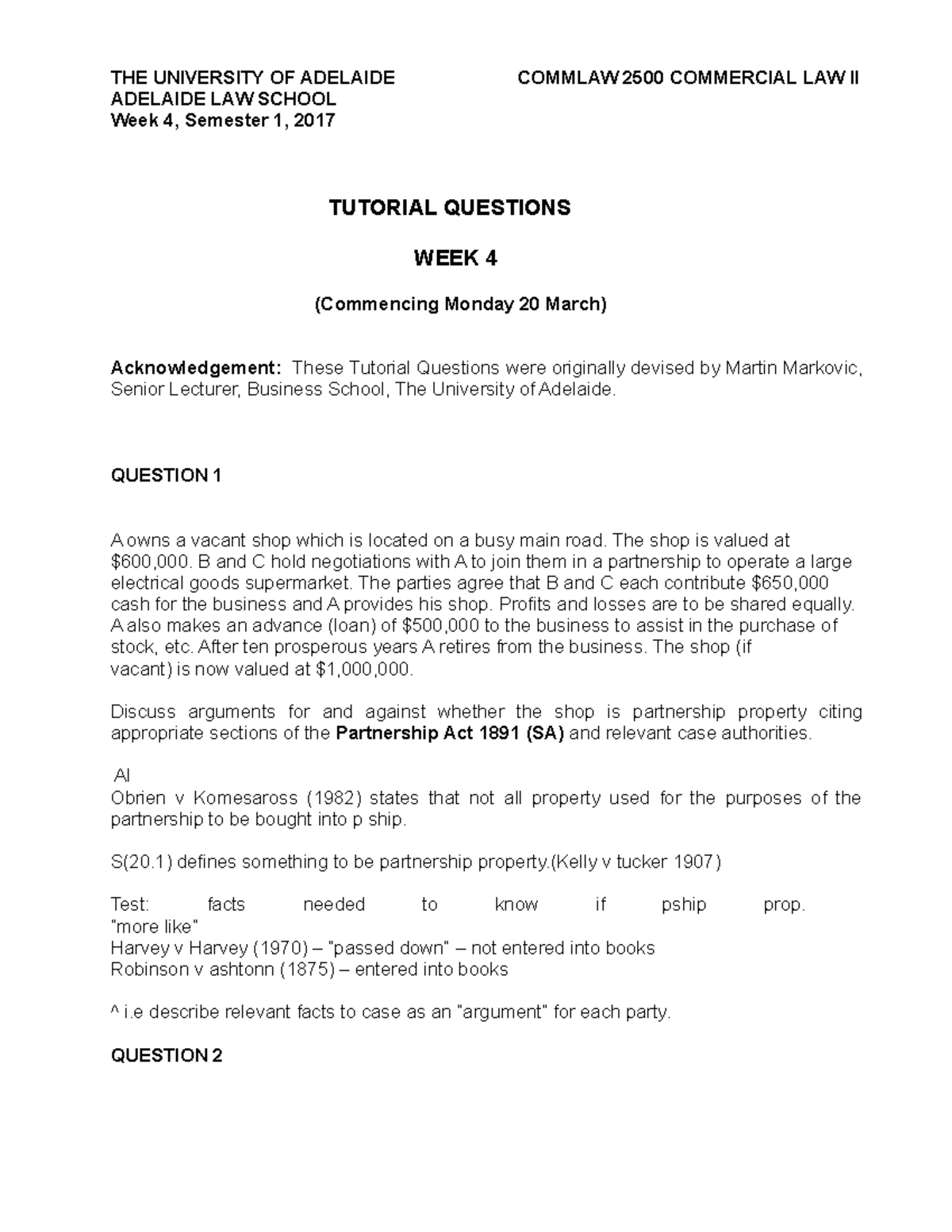 Tutorial 3 wk 4 - THE UNIVERSITY OF ADELAIDE COMMLAW 2500 COMMERCIAL ...