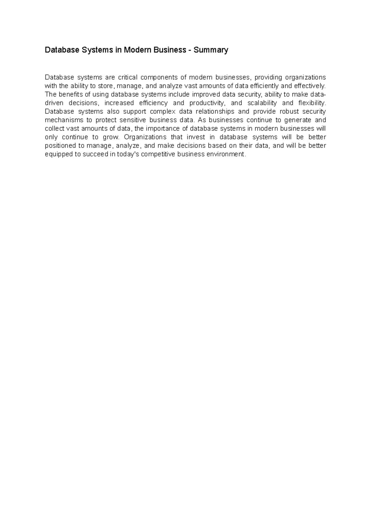 Summary - Database Systems in Modern Businesses - Database Systems in ...