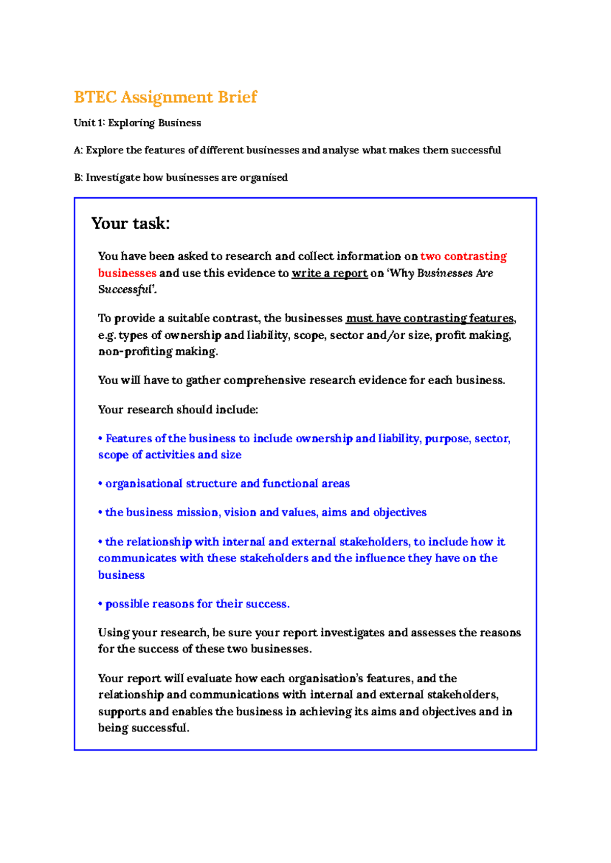 Unit 1 A & B coursework assignment - BTEC Assignment Brief Unit 1 ...