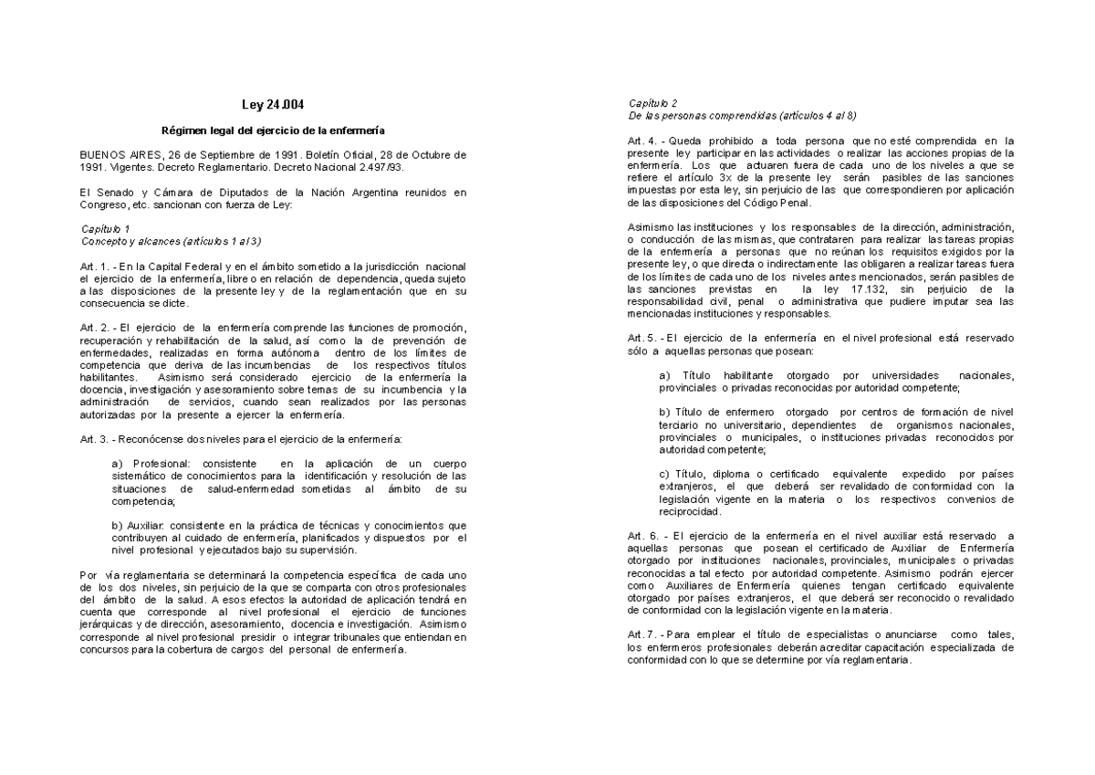 Ley 24004 - LEY DEL ENFERMERO - Ley 24. Régimen legal del ejercicio de ...