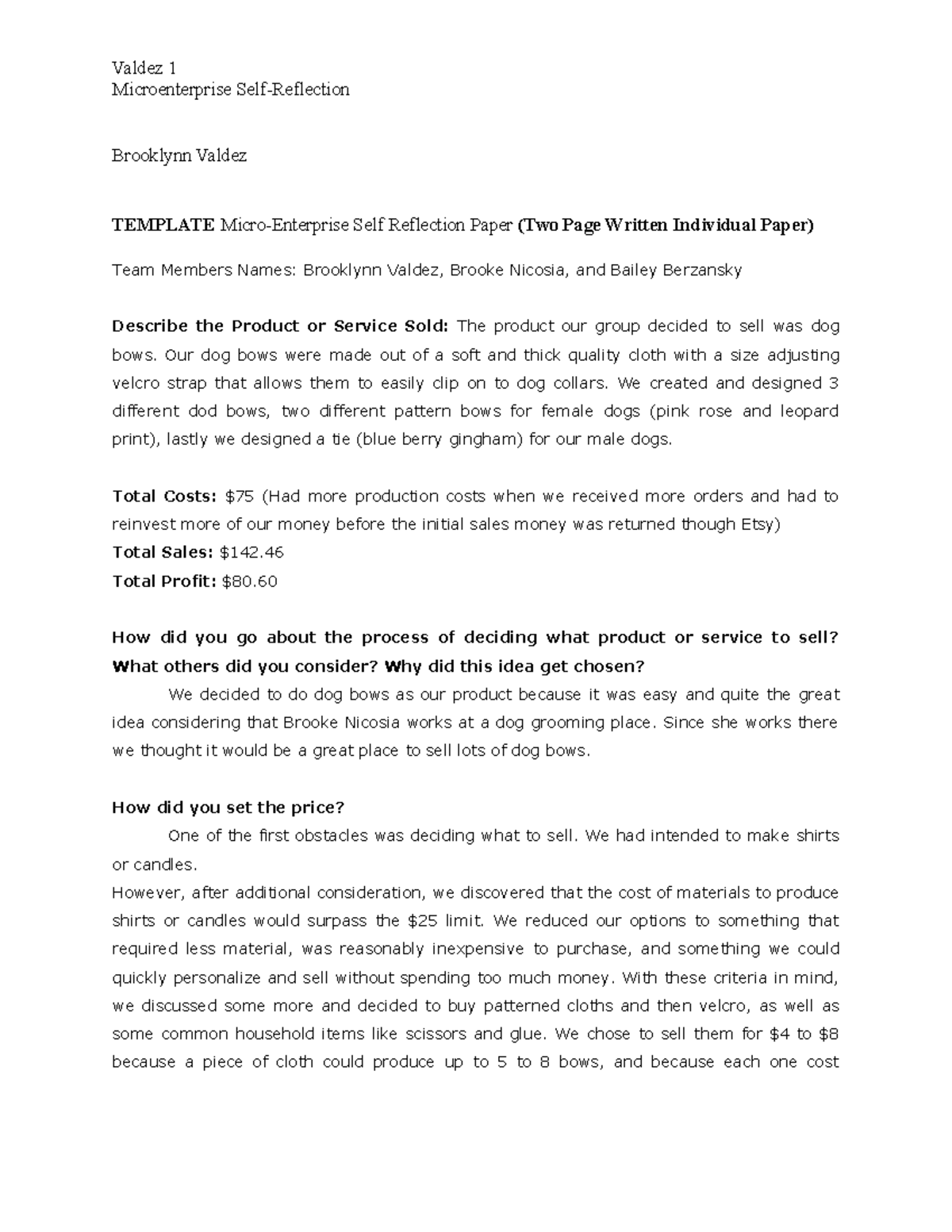 Self Reflection BUS101 - Microenterprise Self-Reflection Brooklynn ...