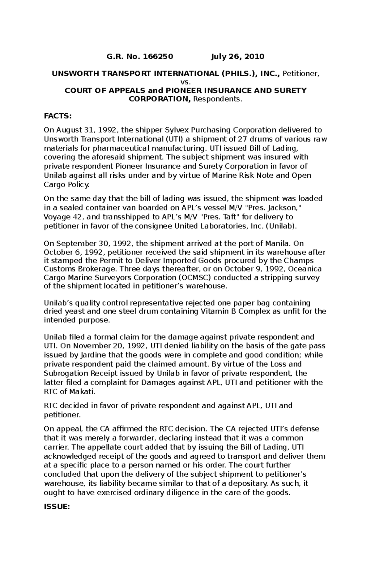 Transpo UTI vs Court of Appeals - Juris Doctor - Studocu