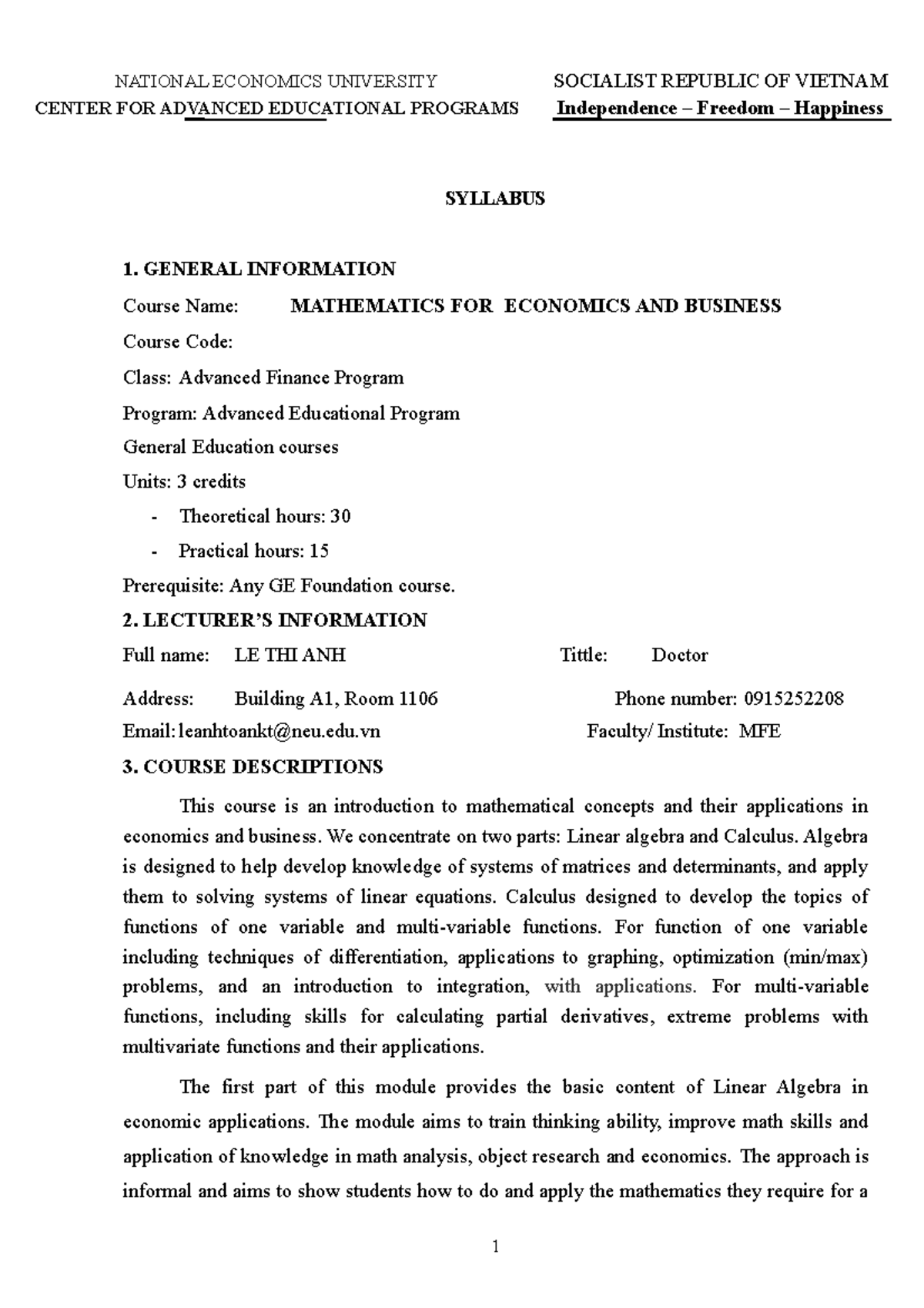 Mathematicsfor Economics Syllabus 2021 2022 - NATIONAL ECONOMICS ...