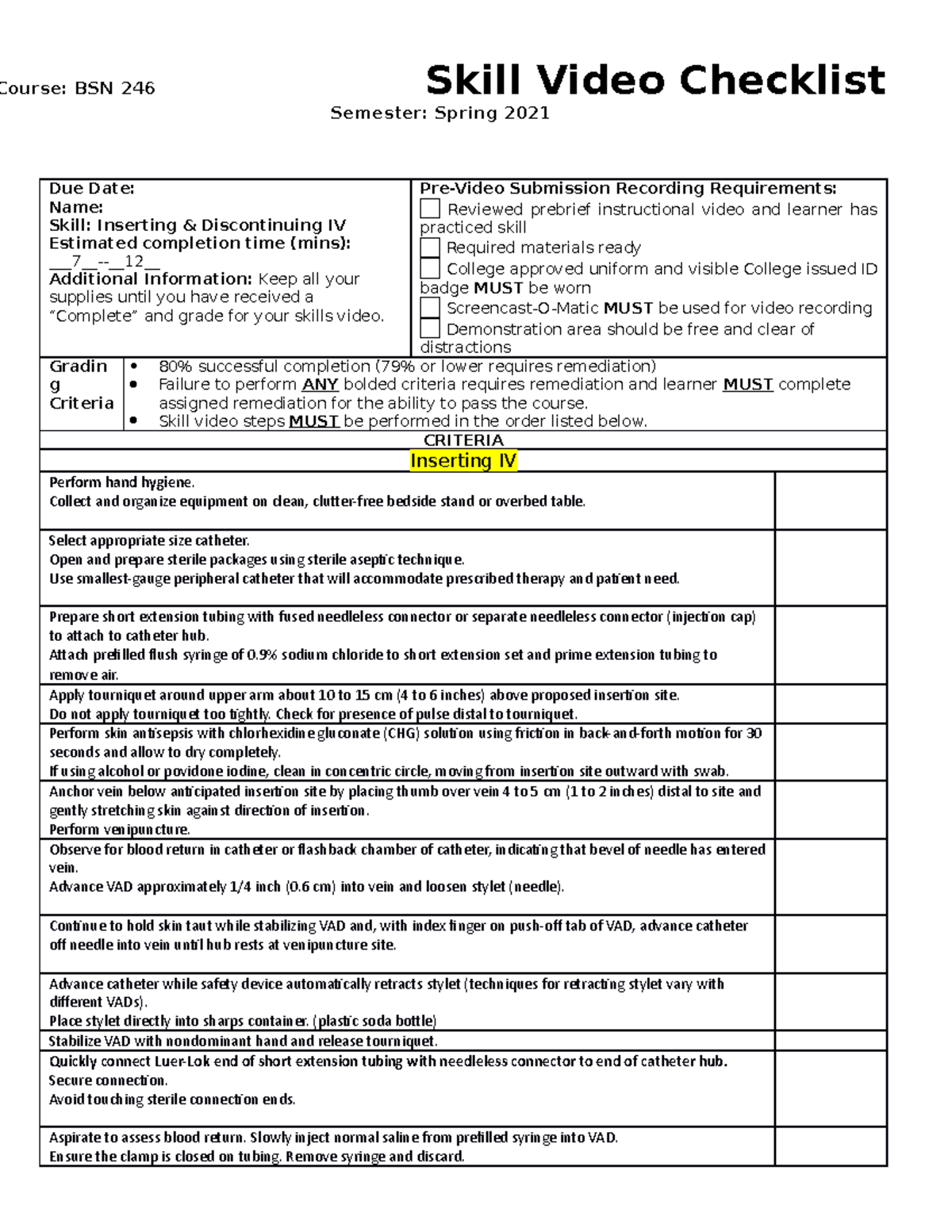 Inserting & Discontinuing IV Checklist - Course: BSN 246 Skill Video ...