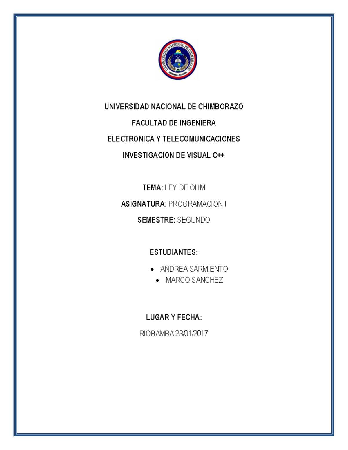 Informe de programacion - UNIVERSIDAD NACIONAL DE CHIMBORAZO FACULTAD ...