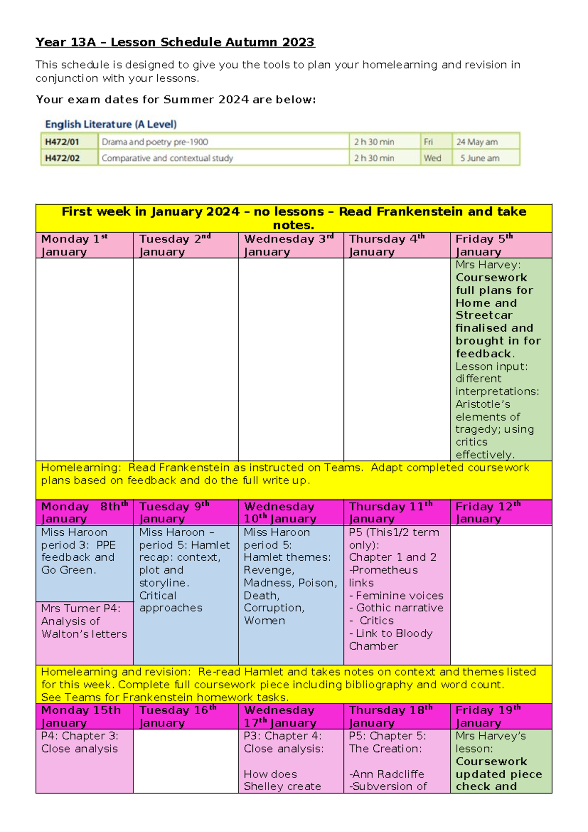 Year 13 Lesson and Homelearning Schedule - Year 13A – Lesson Schedule ...