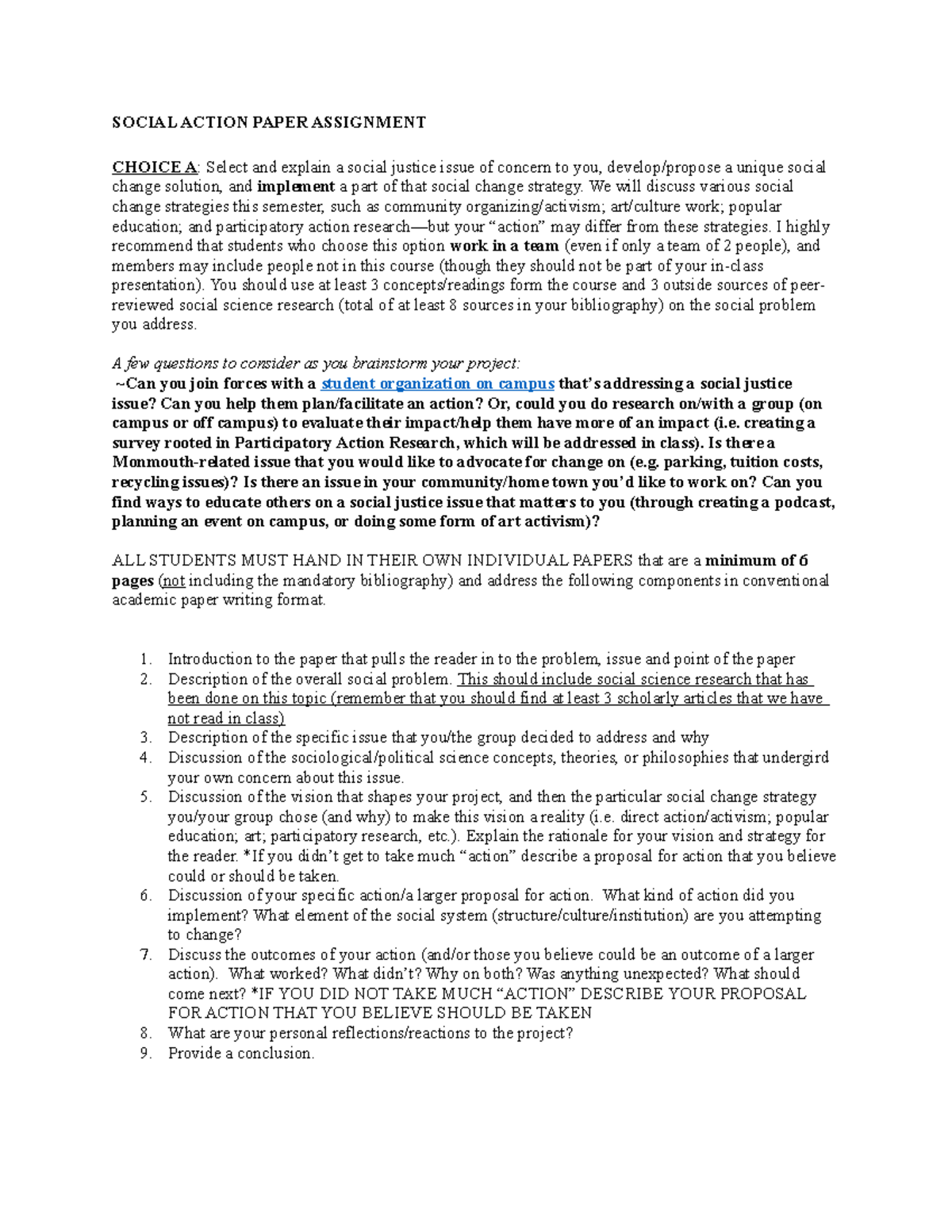 Updated Social Action Assignment - SOCIAL ACTION PAPER ASSIGNMENT ...