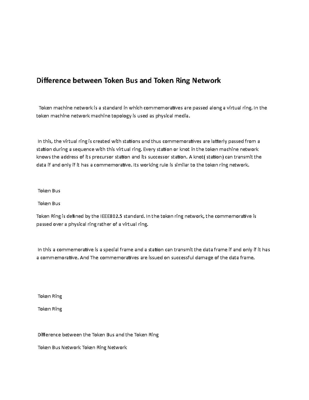 Difference Between Token Bus And Token Ring Networrk In The Token