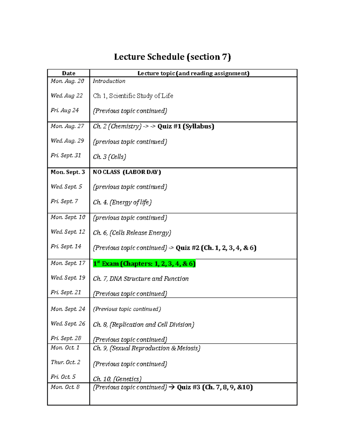 BISC102-Fall 18- lecture schedule (7)(1) - Lecture Schedule (section 7 ...