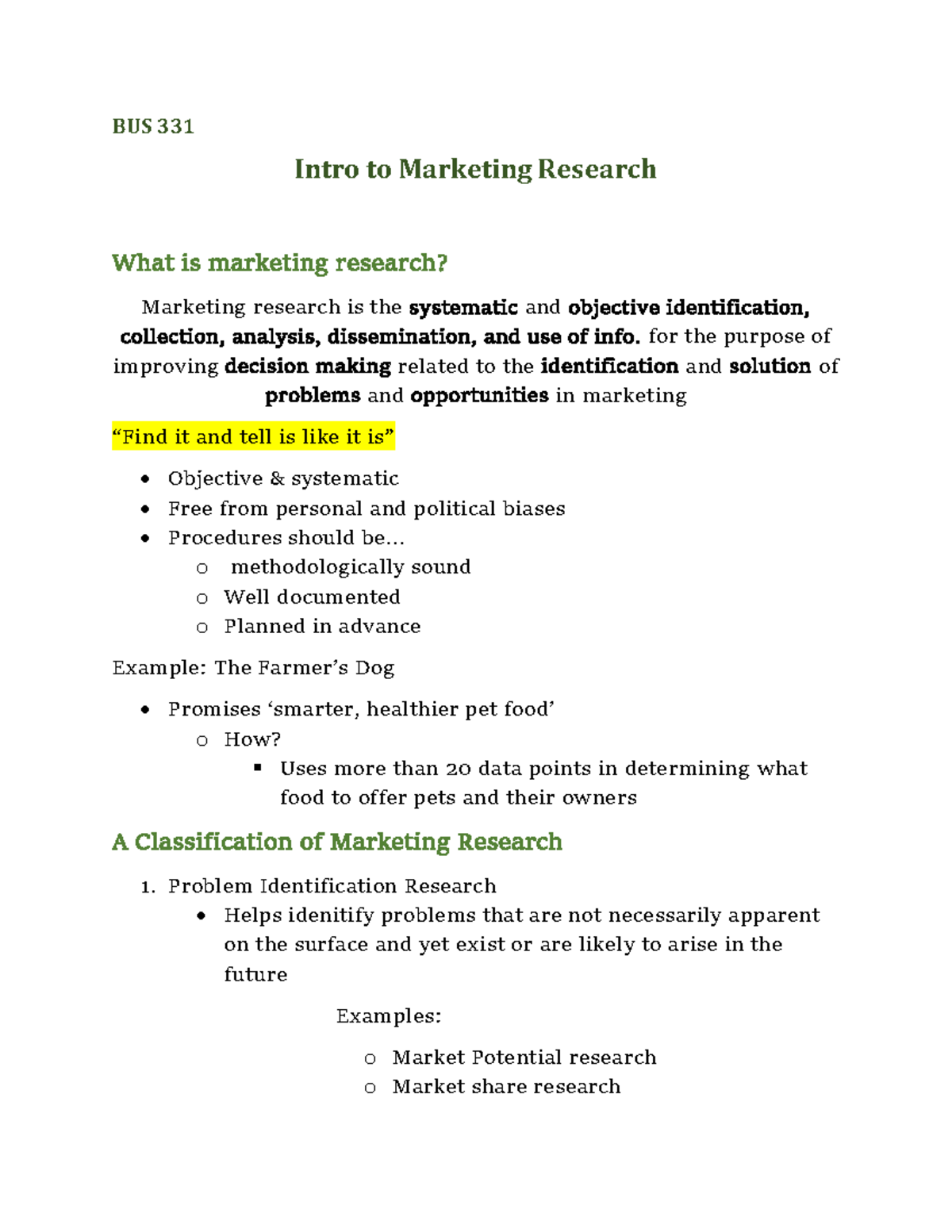 Intro to Marketing Research Notes - BUS 331 Intro to Marketing Research ...