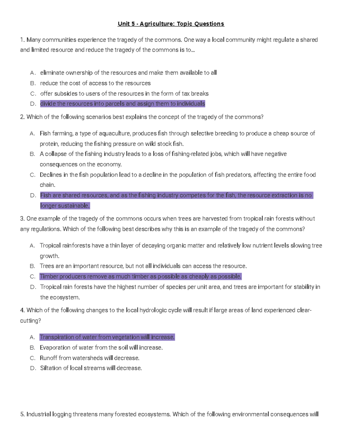 Unit 5 Agriculture Topic Questions - Unit 5 - Agriculture: Topic ...