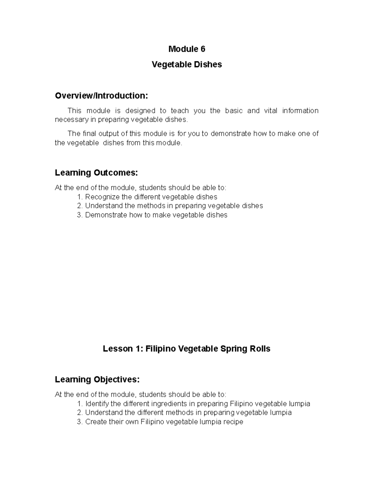 Cookery 12 Module 6 - Module 6 Vegetable Dishes Overview/Introduction ...