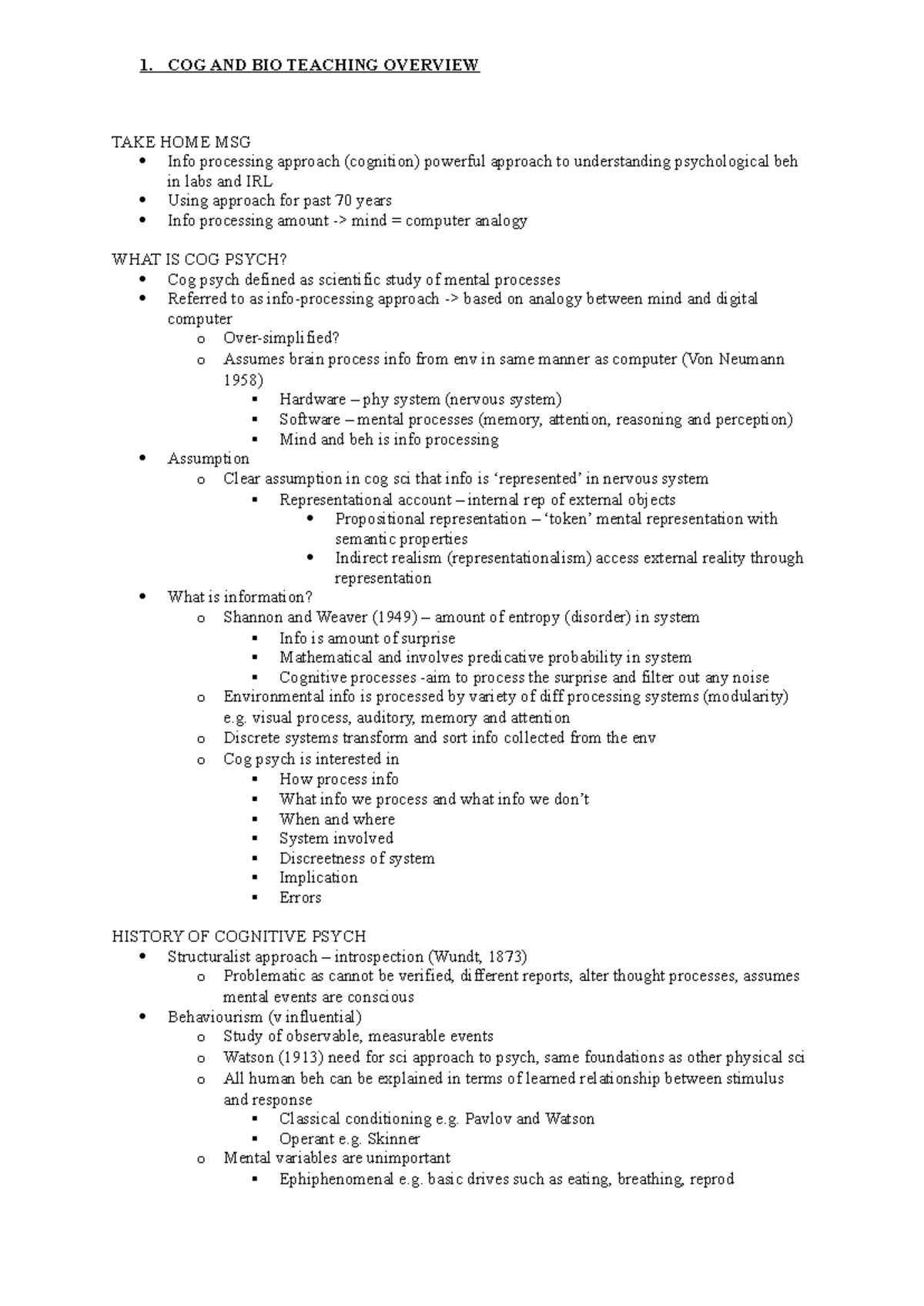1. Overview AND Intro TO Cogpsych - 1. COG AND BIO TEACHING OVERVIEW ...