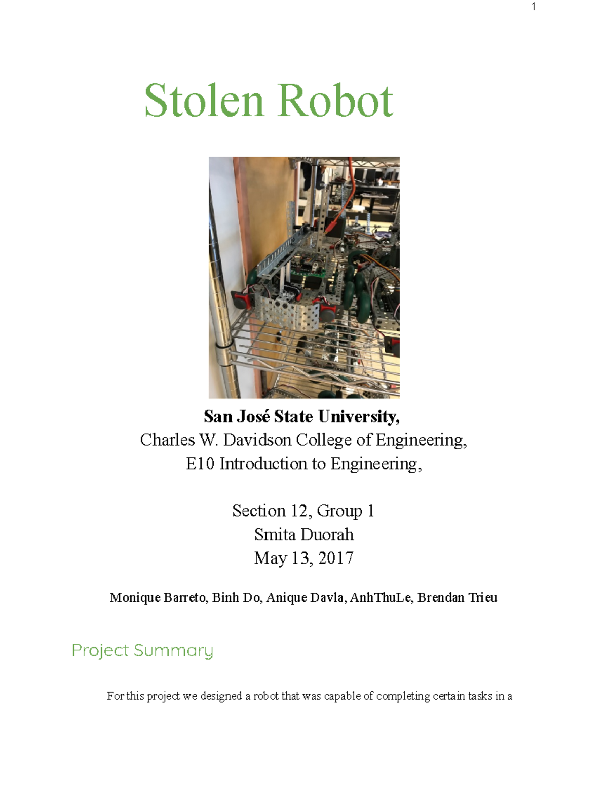 Robot Project Report - 1 Stolen Robot San José State University ...