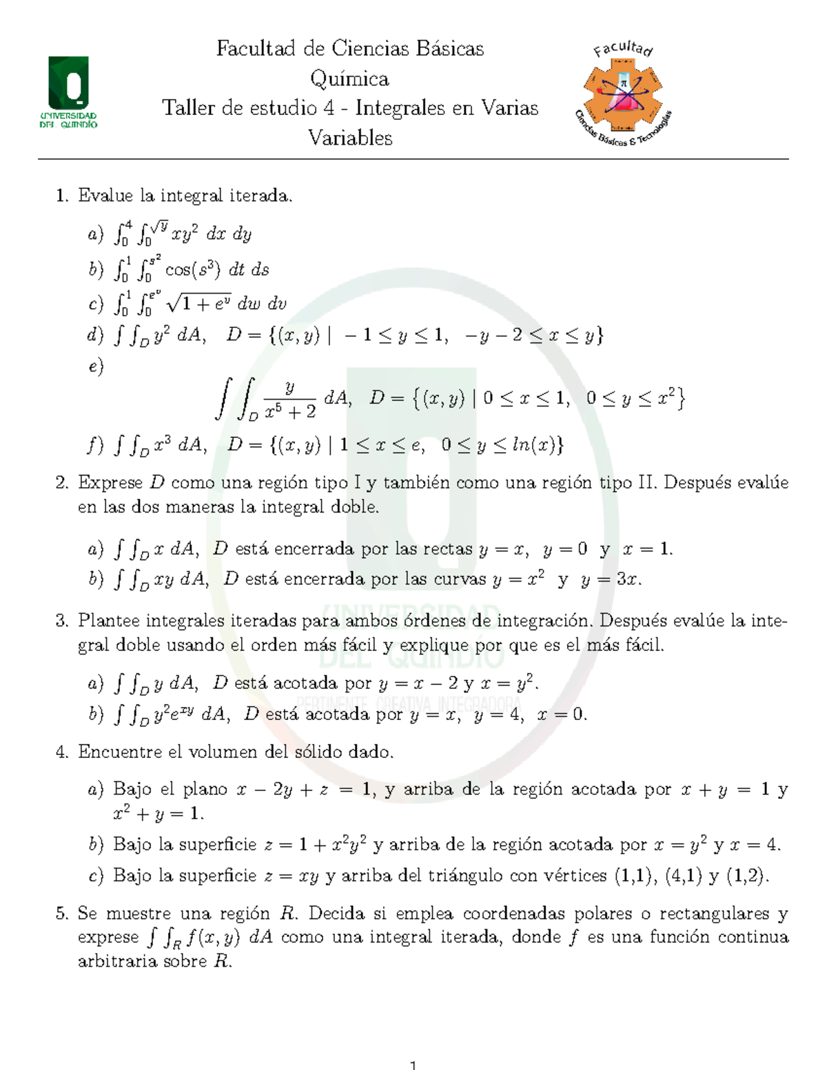 Taller Cálculo en varias variables - Facultad de Ciencias B ́asicas Qu ...