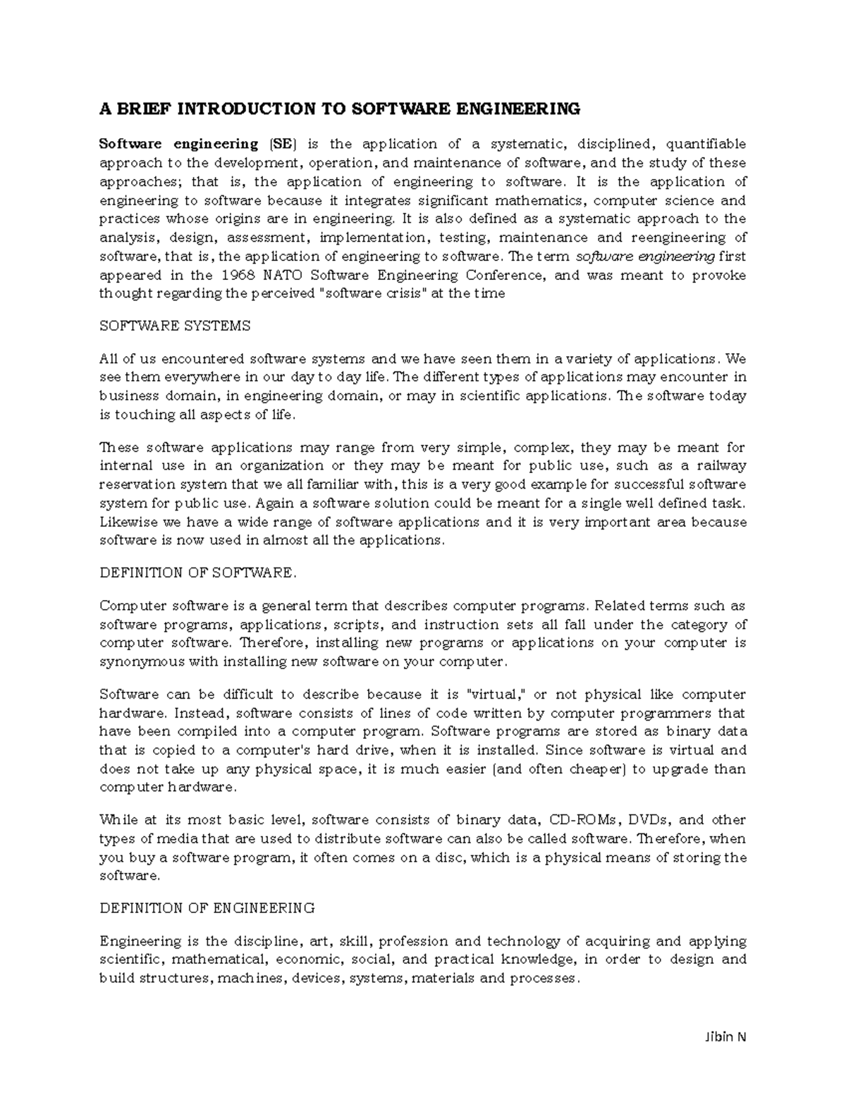 SE Brief Note - A BRIEF INTRODUCTION TO SOFTWARE ENGINEERING Software ...