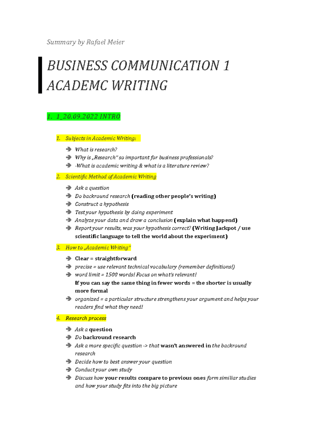Summary Business Communication 1 - Academic Writing - Summary by Rafael ...